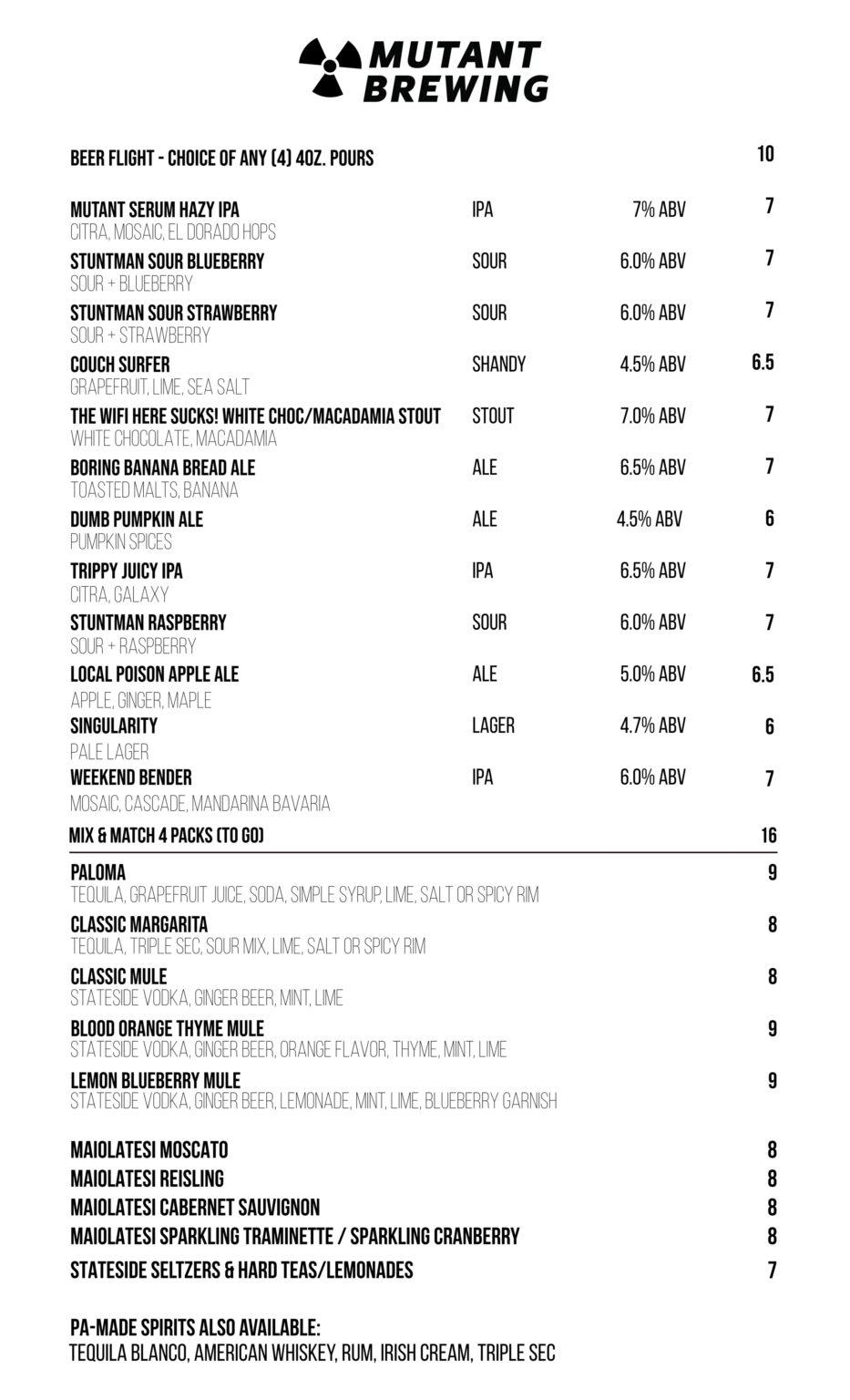 Menu - Mutant Brewing